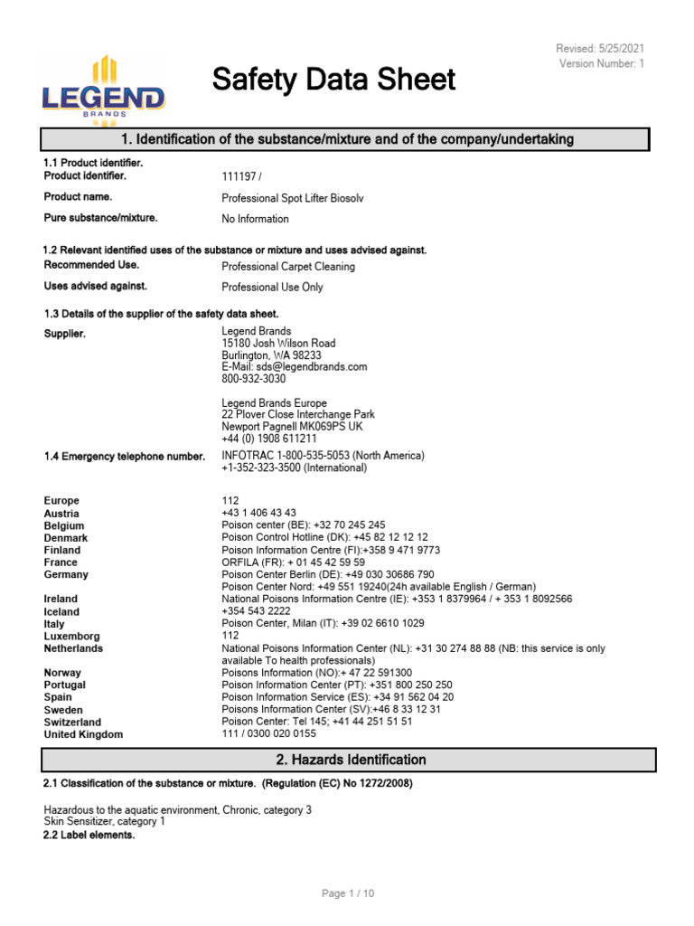 Professional Spot Lifter Biosolv Chemspec EUW EN SDS MAY 2021D | PDF ...
