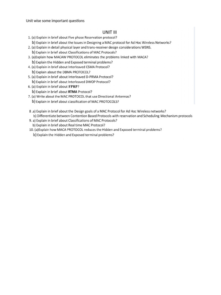 Unit-Wwise Important Questions For WSN | PDF