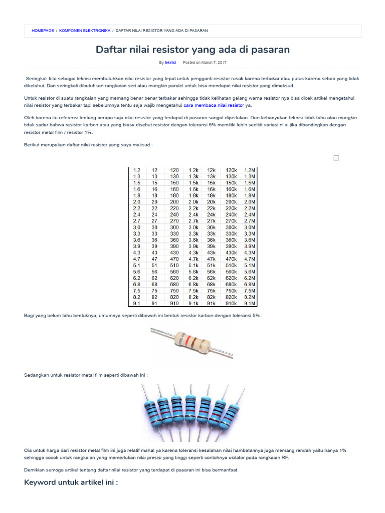 Daftar Nilai Resistor Yang Terdapat Di Pasaran - Panduan Teknisi | PDF