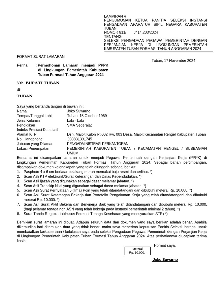 SURAT LAMARAN JOKO SUWARNO | PDF