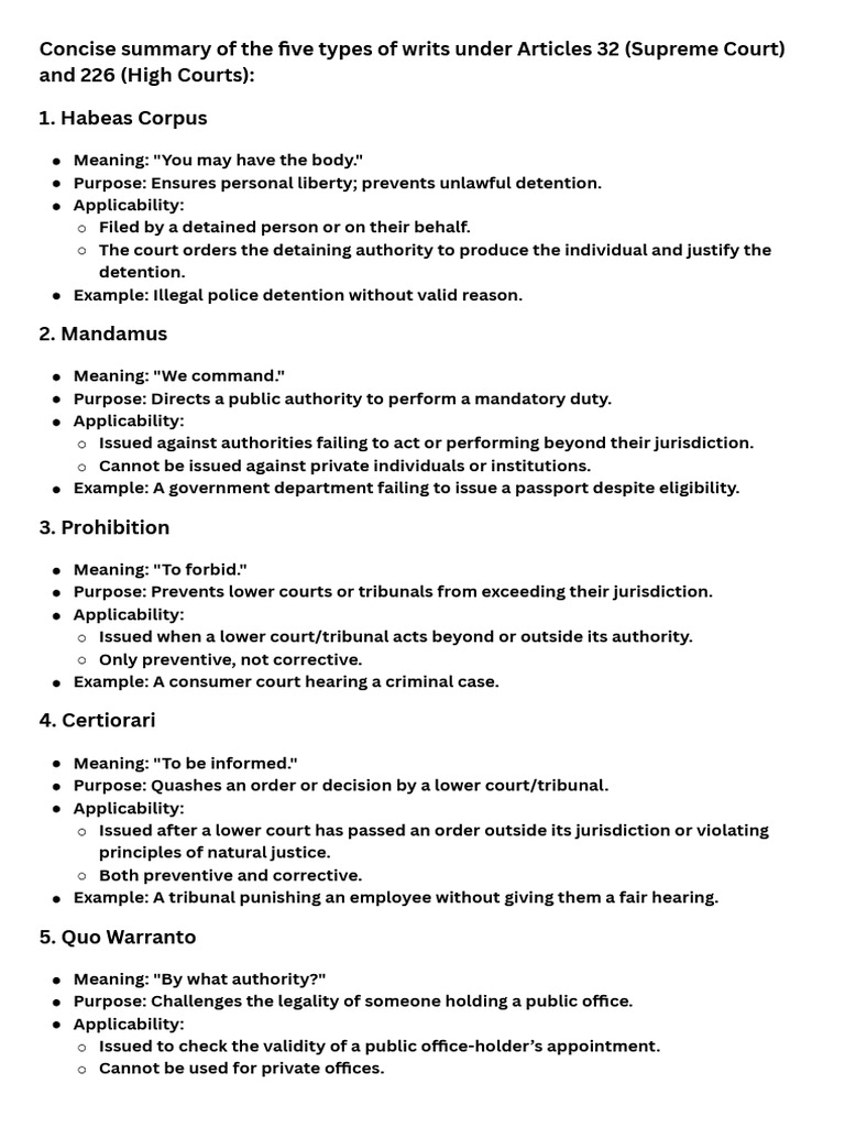 Writs under Articles 32 (Supreme Court) and 226 (High Courts) | PDF