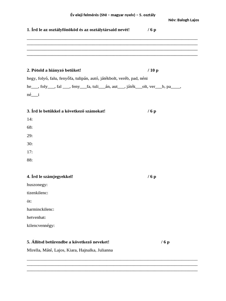 Év Eleji Felmérés - SNI - 5. Osztály | PDF