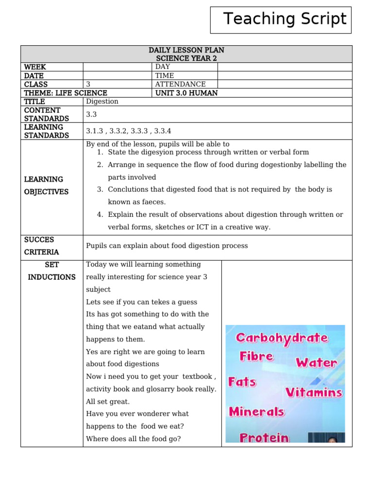 Teaching Script Science DLP SKTB | PDF | Digestion | Stomach
