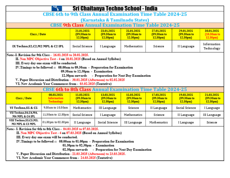 CBSE 6th To 9th Class Annual Examination Time Table 2024-25 (Karnataka ...