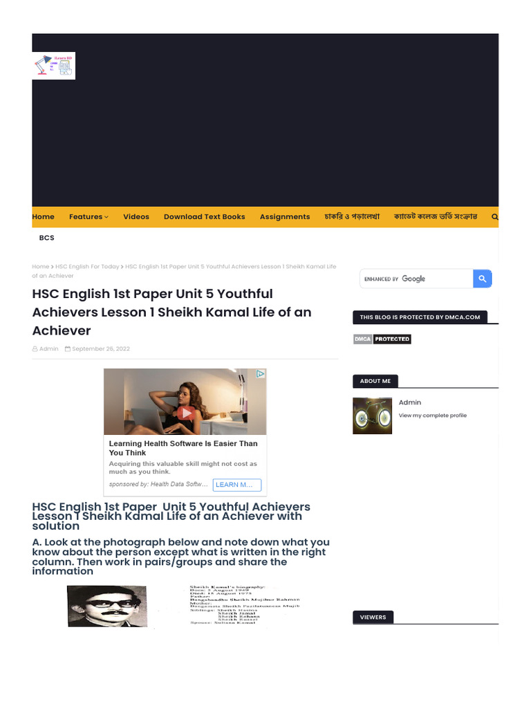 HSC English 1st Paper Unit 5 Youthful Achievers Lesson 1 Sheikh Kamal Life of An Achiever | PDF ...