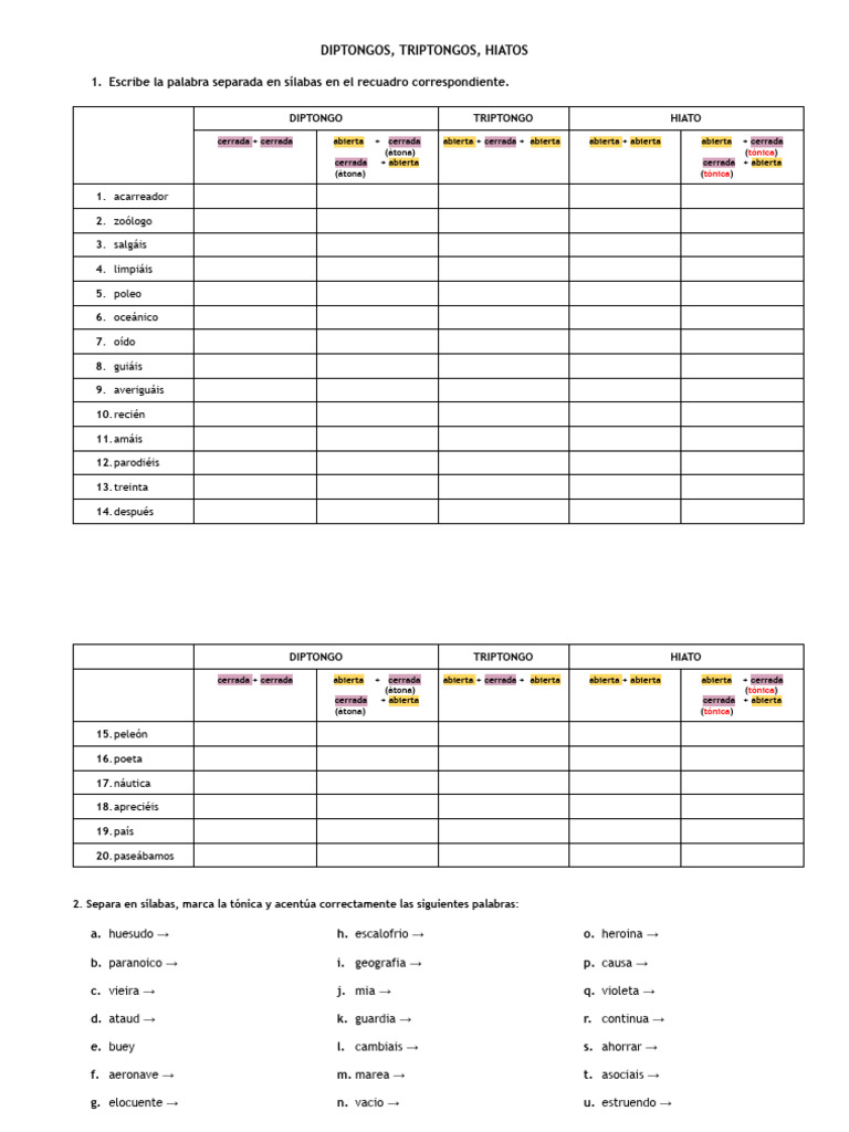 Actividad acentuación_DIPTONGO, TRIPTONGOS, HIATOS (1) | PDF | Fonética ...