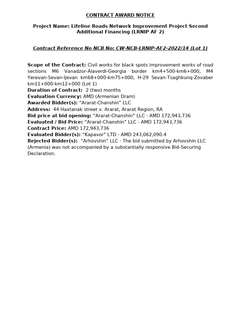 Contract Award Notice ENG BS 4 Roads Lot 1 | PDF