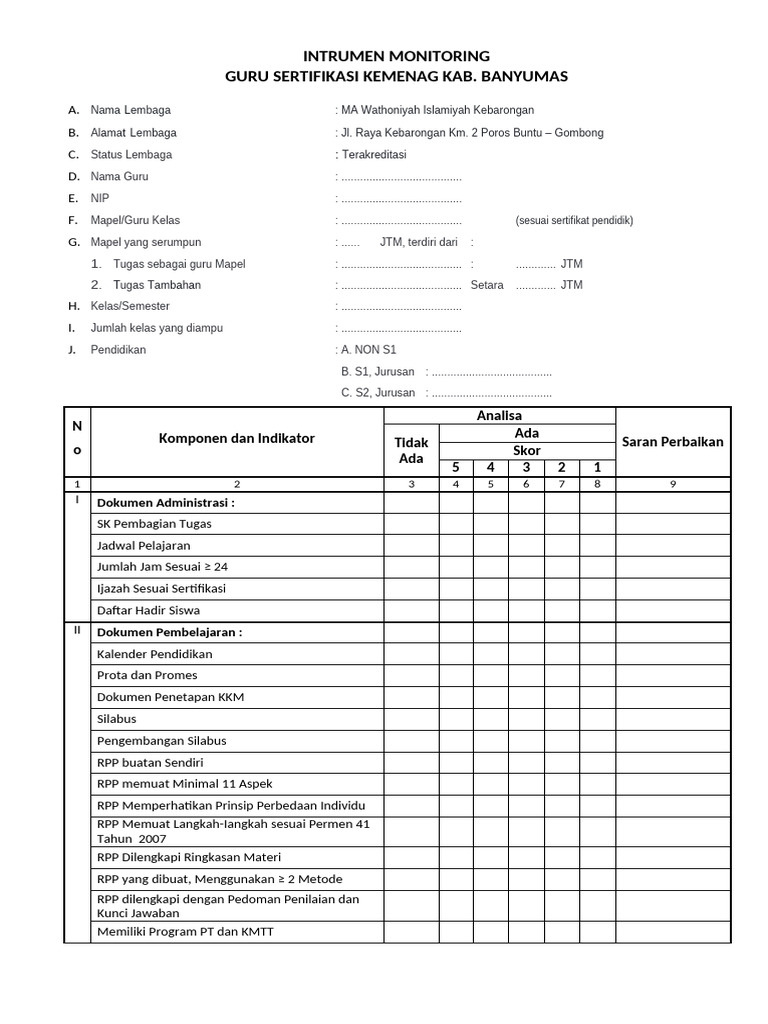 INTRUMEN MONITORING Baru - PTK | PDF