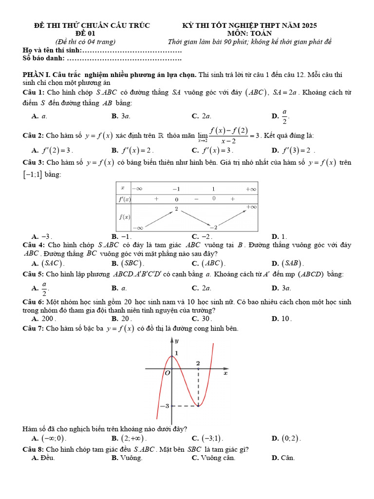 12 de Thi Thu Bam Sat Cau Truc de Tham Khao TN THPT 2025 Mon Toan | PDF