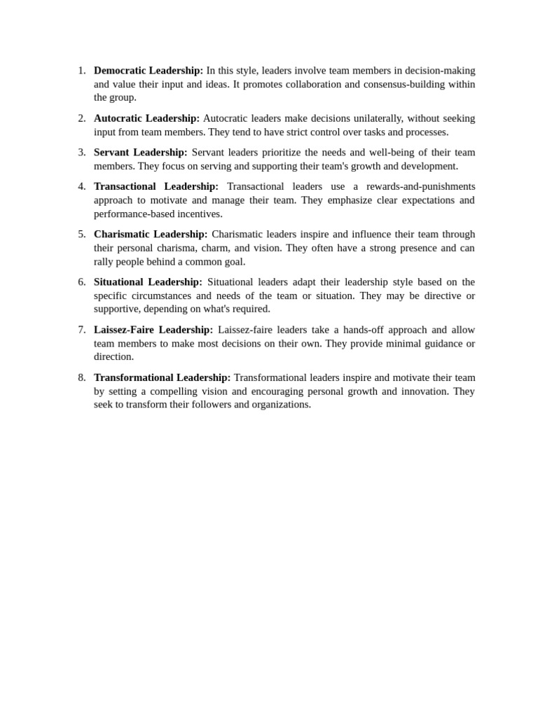 Leadership Styles - Short Descriptions | PDF