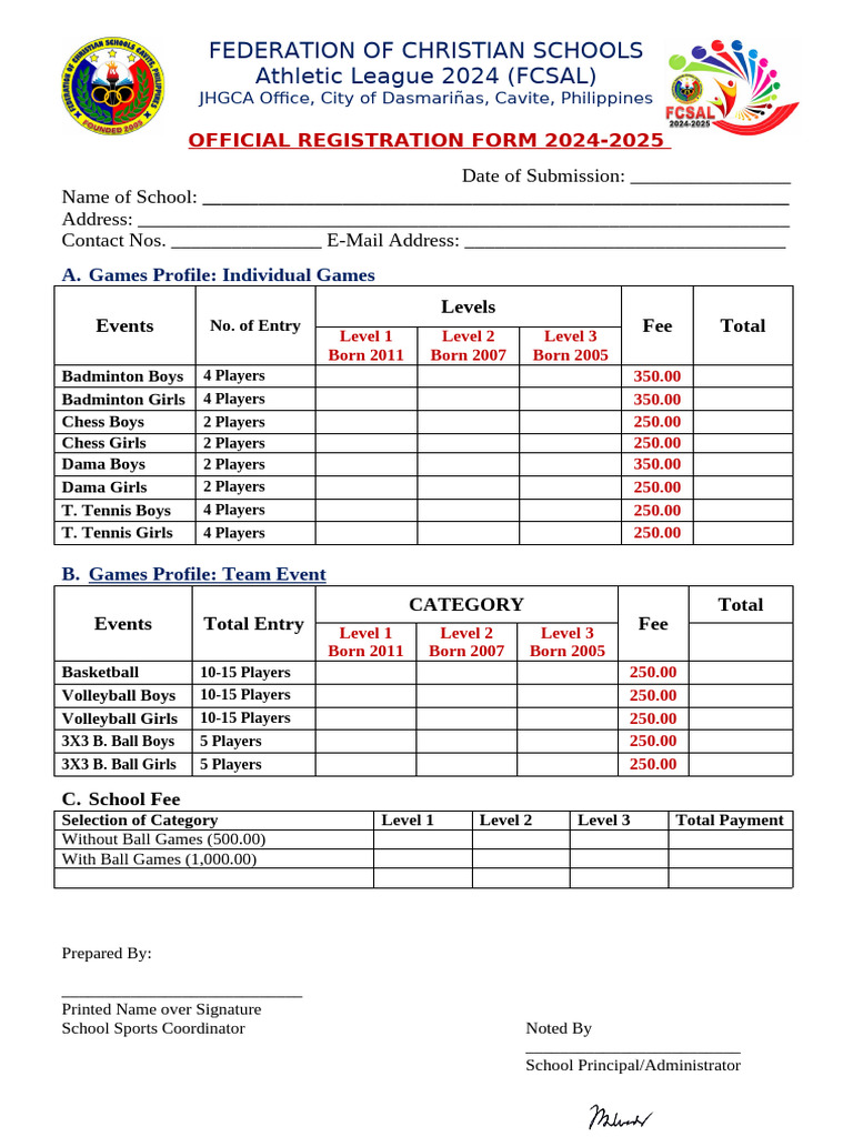 FCSAL 2024-2025 Registration Form | PDF | Ball Games | Summer Olympic Games