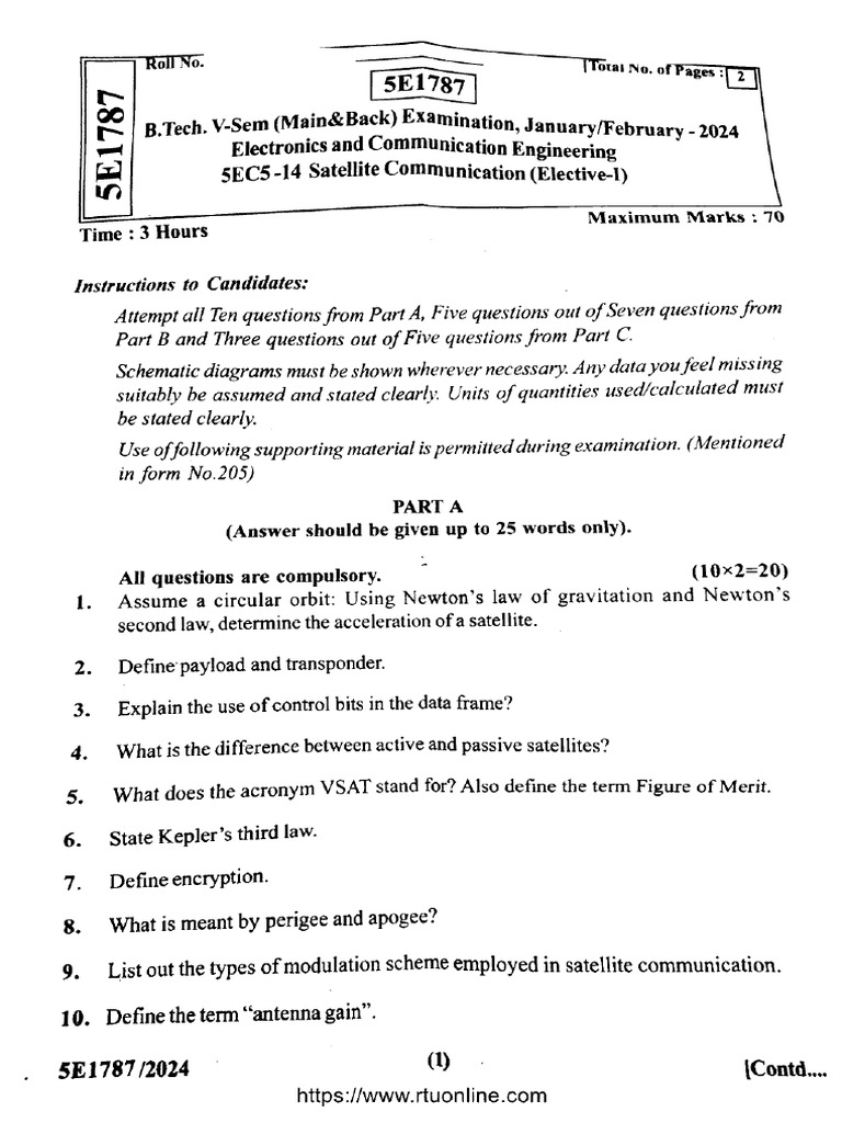 Btech Ec 5 Sem Satellite Communication 5e1787 Feb 2024 | PDF