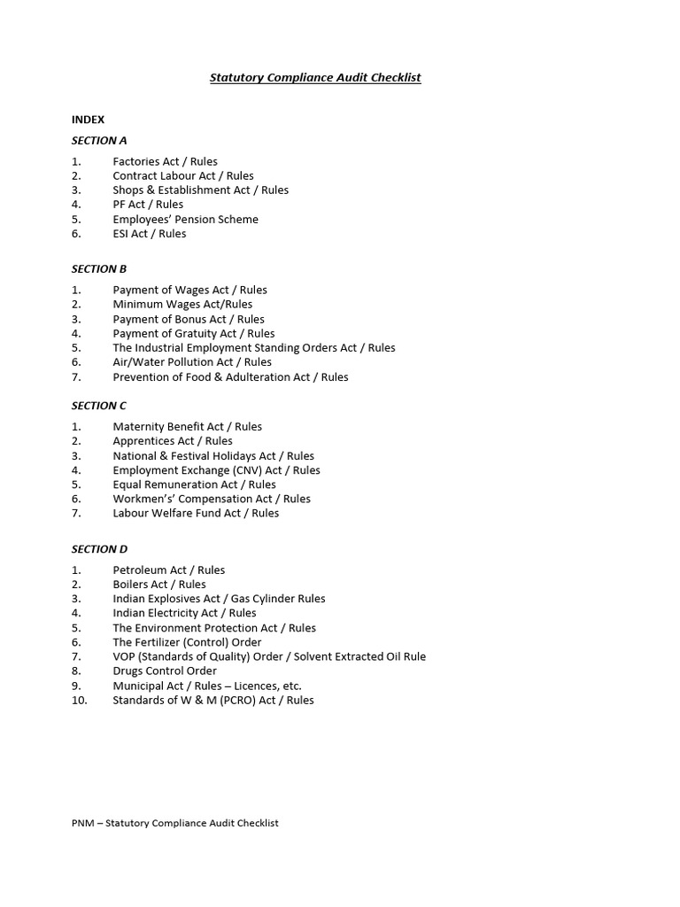 HR Statutory Compliance Audit Checklist PNM 2 | PDF | Employment ...