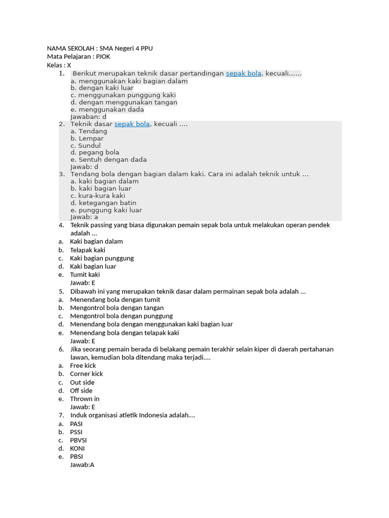 Soal PJOK kelas X | PDF
