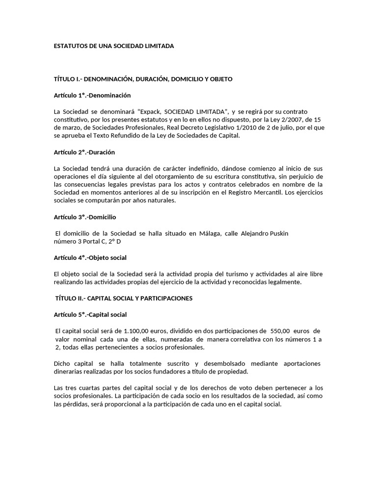 Modelo de Estatutos de SLP | PDF | Sociedad de responsabilidad limitada | Business