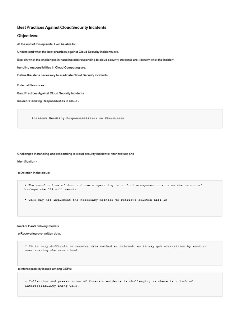Eccouncil Ecihv2 8 2 1 Best Practices Against Cloud Security Incidents | PDF | Cloud Computing ...