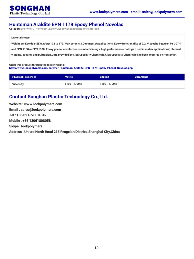 Huntsman Araldite EPN 1179 Epoxy Phenol Novolac | PDF