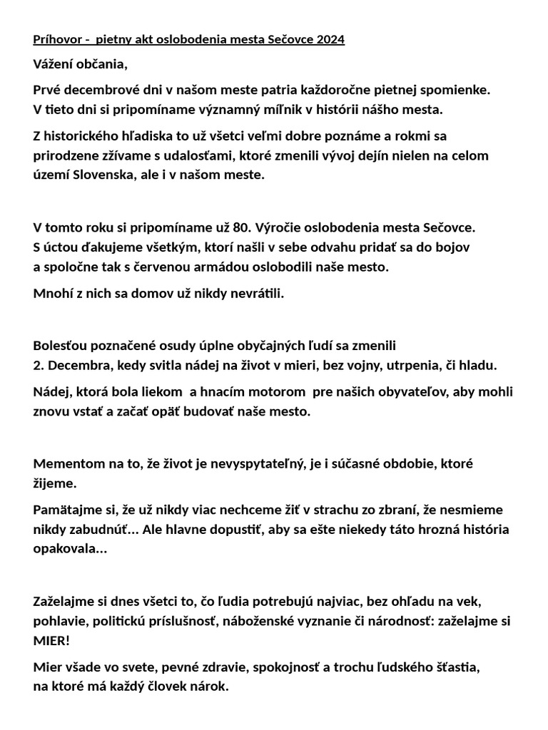 Príhovor Oslobodenie Mesta | PDF