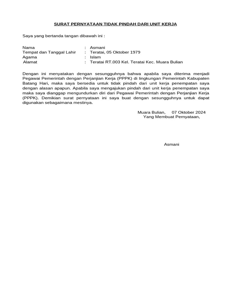 2. Surat Pernyataan Tidak Pindah Dari Unit Kerja asmani | PDF