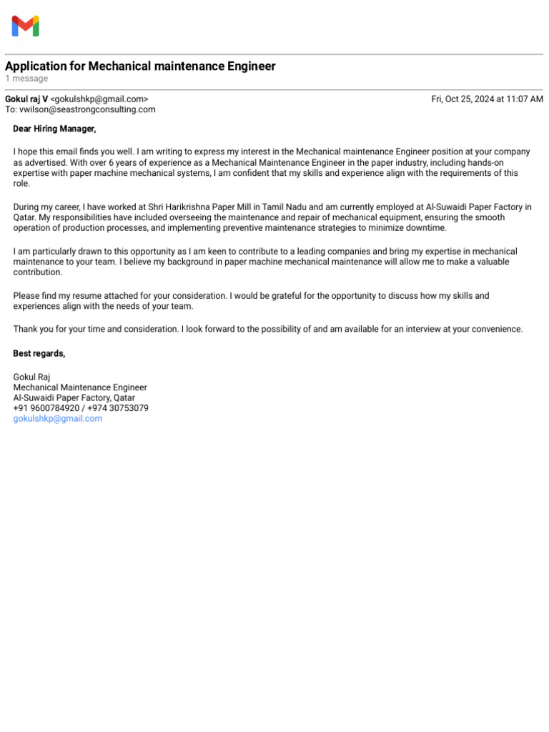 Application for Mechanical Engineer Position | PDF