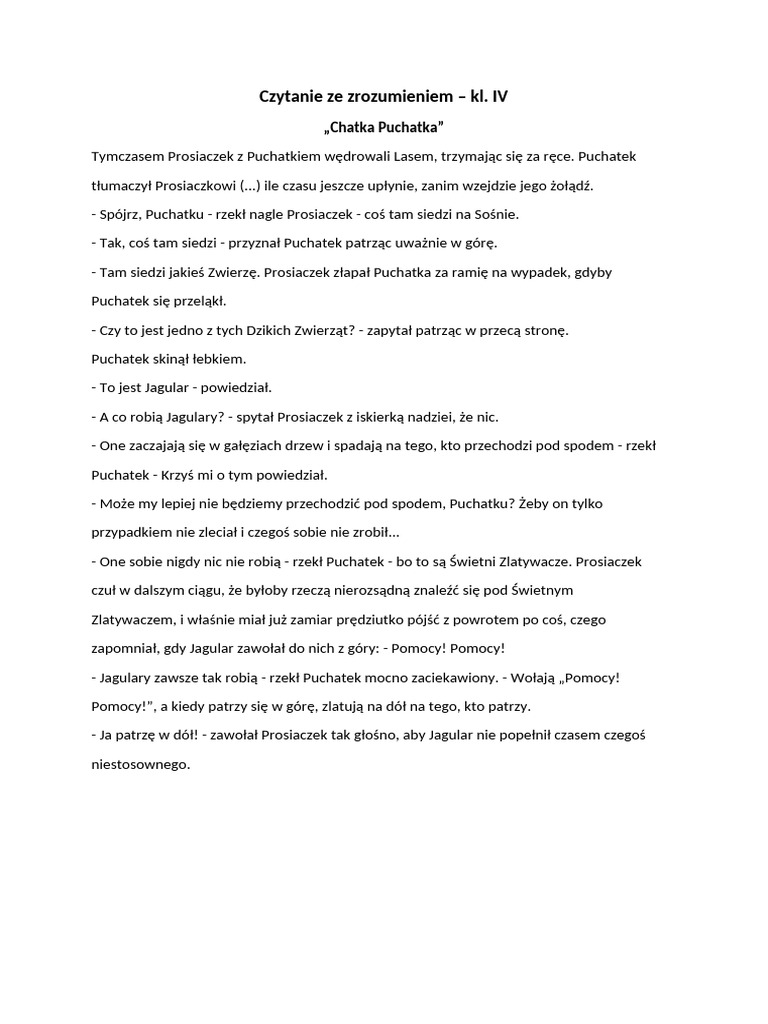 Czytanie ze zrozumieniem kl IV | PDF