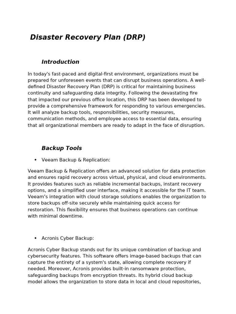 Disaster Recovery Plan (DRP) | PDF | Backup | Security