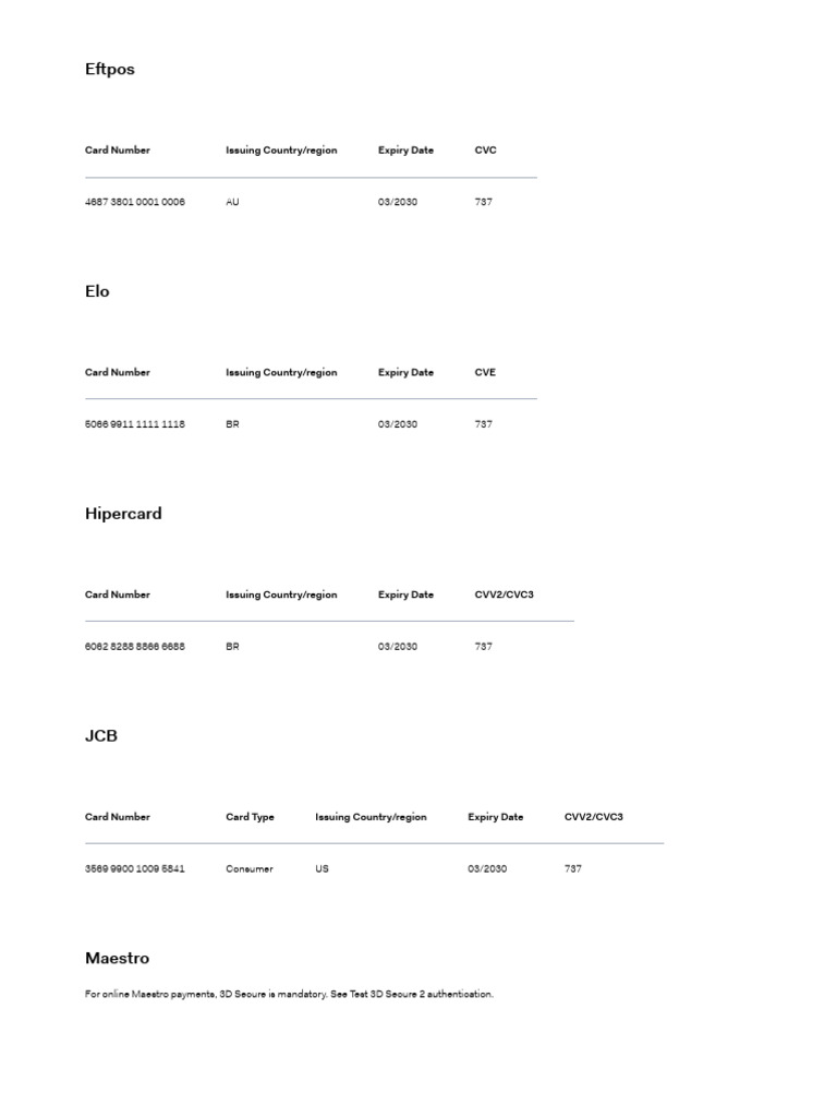 Test Card Numbers - Adyen Docs 006 | PDF