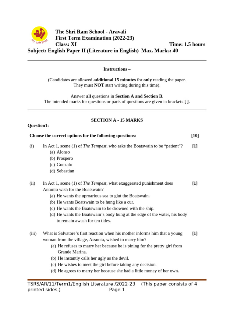 11 - Eng Lit - Term 1 - QP - 2022-23 | PDF | The Tempest