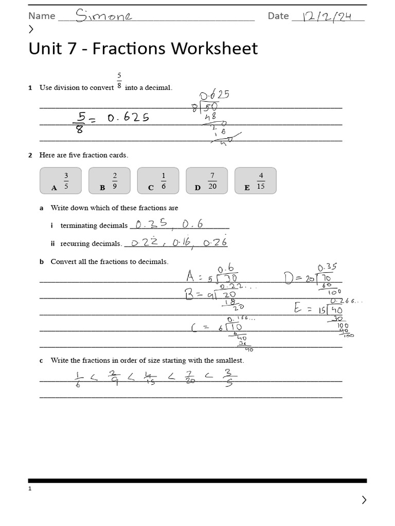 Toddle - Unit 7 Revision WS Grade 7 Fractions | PDF | Speed | Mathematical Notation