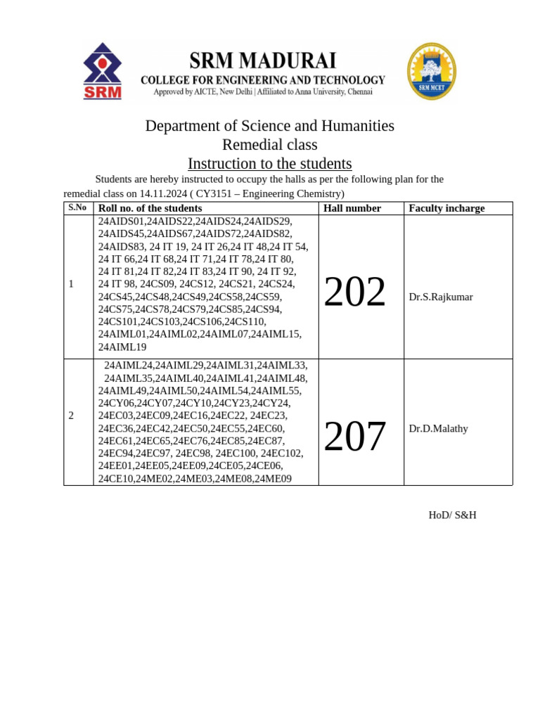 Hall Plan - Remedial Class-1 | PDF