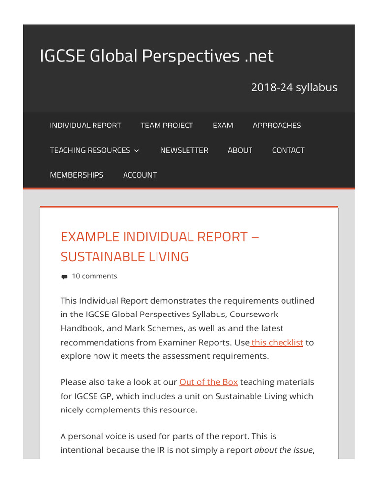 Example Individual Report - Sustainable Living - IGCSE Global ...