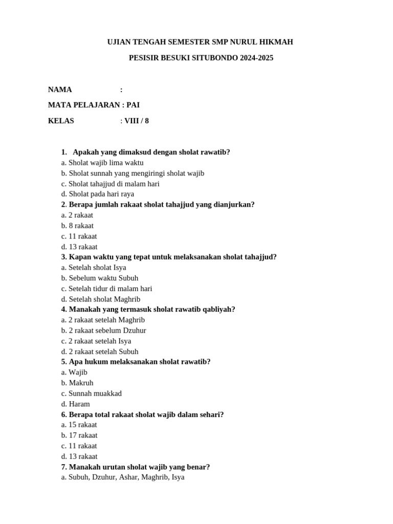 Ujian Tengah Semester SMP Nurul Hikmah Pai Kelas Viii | PDF