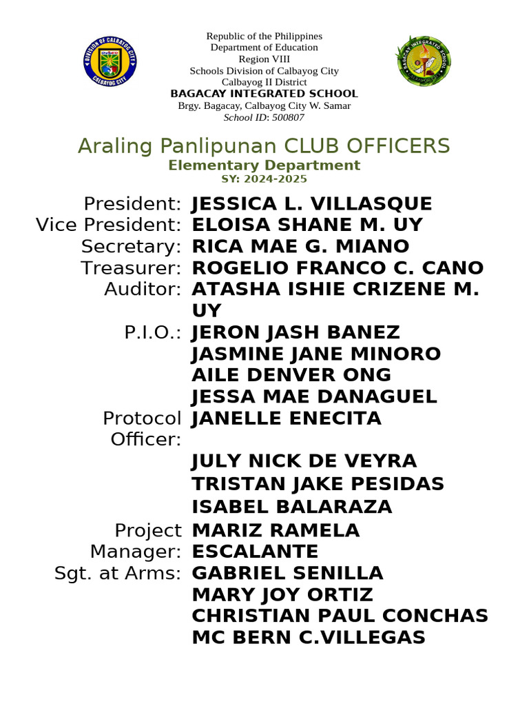 araling panlipunan CLUB officers 2024 | PDF