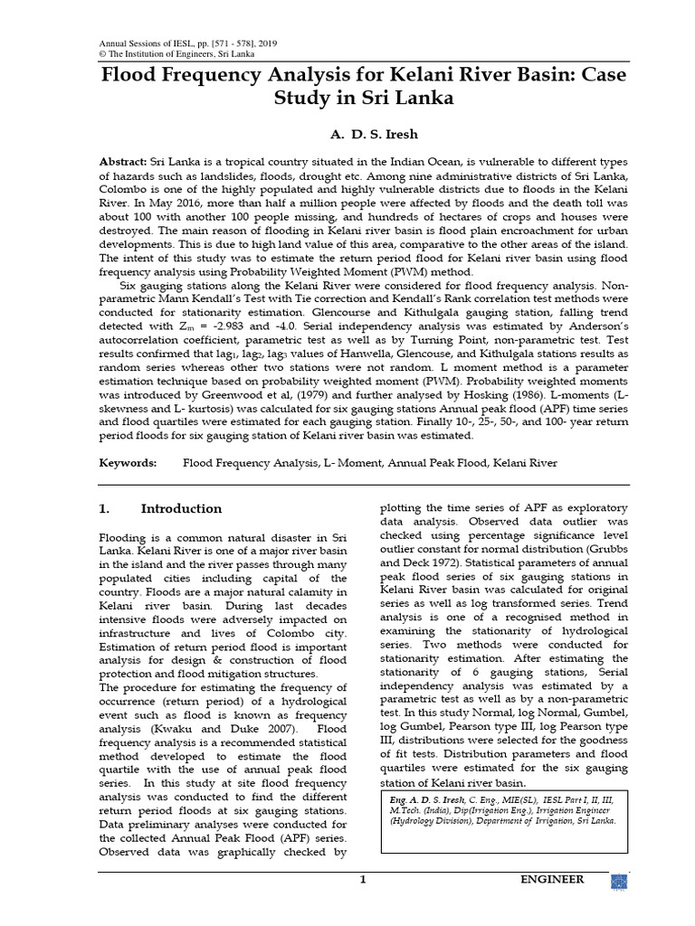 Flood Frequency Analysis For Kelani Rive Pdf Chi Squared