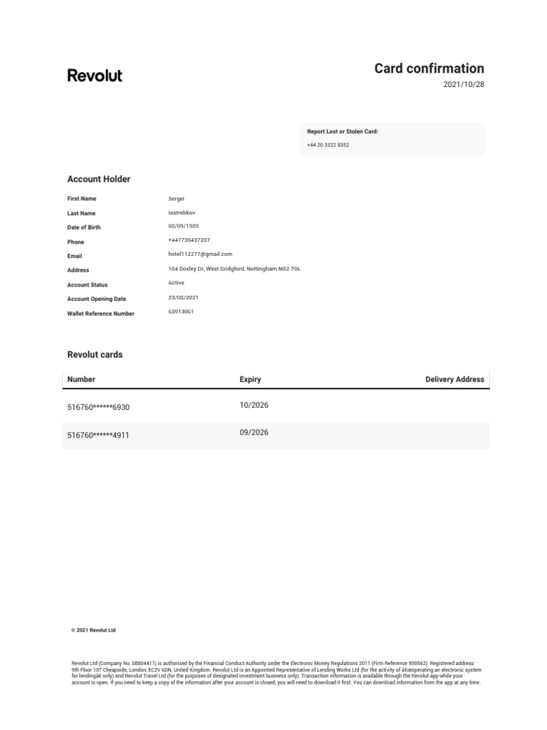 Revolut Card Confirmation Details | PDF