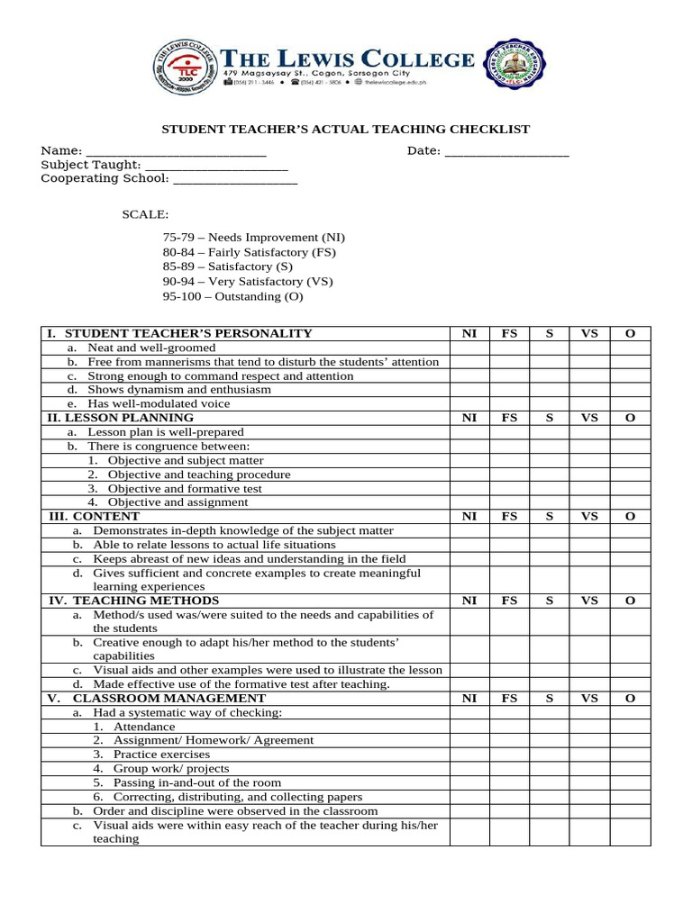 Student Teacher Evaluation Checklist | PDF | Teachers | Learning