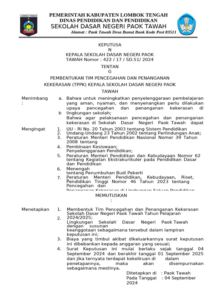 Upload SK Tim Pencegahan Dan Penanganan Kekerasan Di Lingkungan Satuan Pendidikan | PDF
