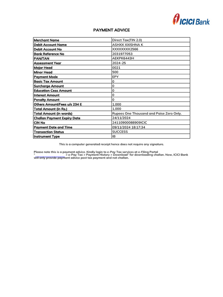 Payment Advice for Tax Transaction | PDF