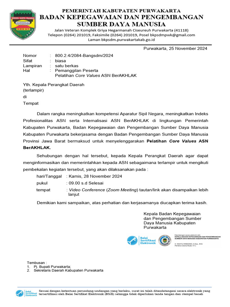 Surat Pemanggilan Peserta Pelatihan Core Value ASN BerAkhlak 2024 ...