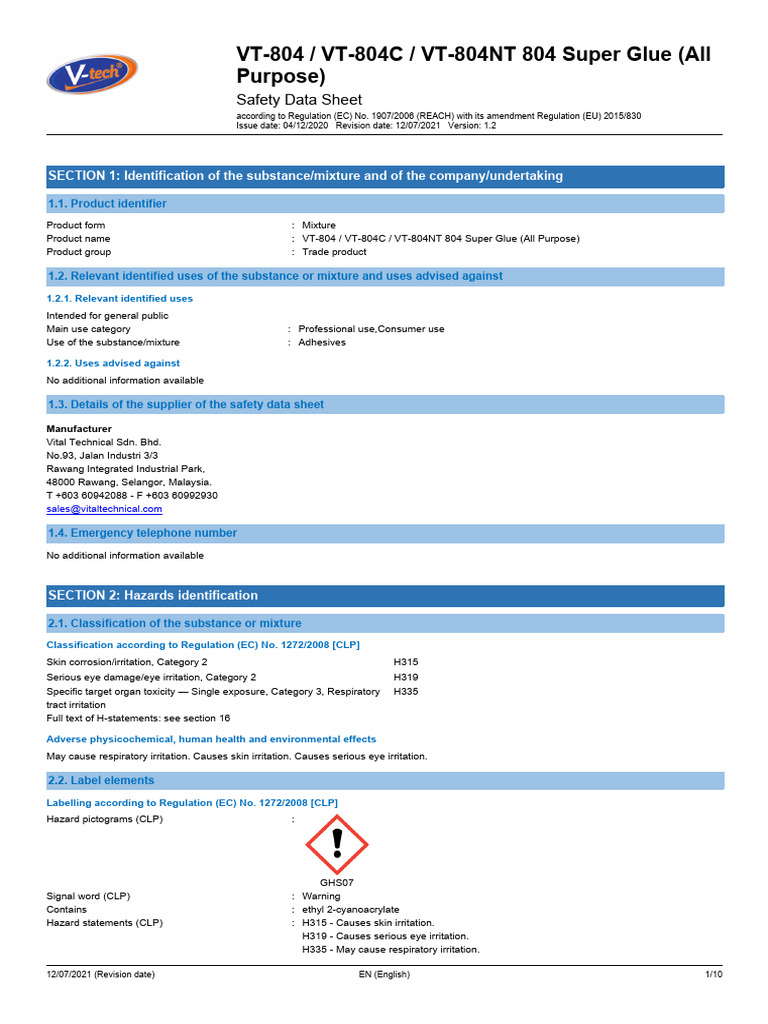 VT-804 Super Glue Safety Data Sheet | PDF | Toxicity | Dangerous Goods