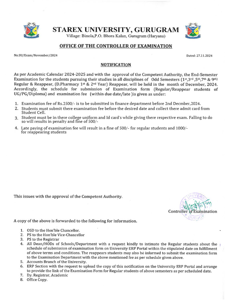 Notification for End Semester Examination December 2024 (1) | PDF