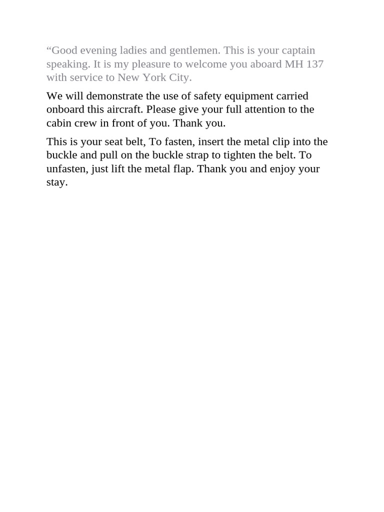 Flight MH 137 Safety Briefing | PDF