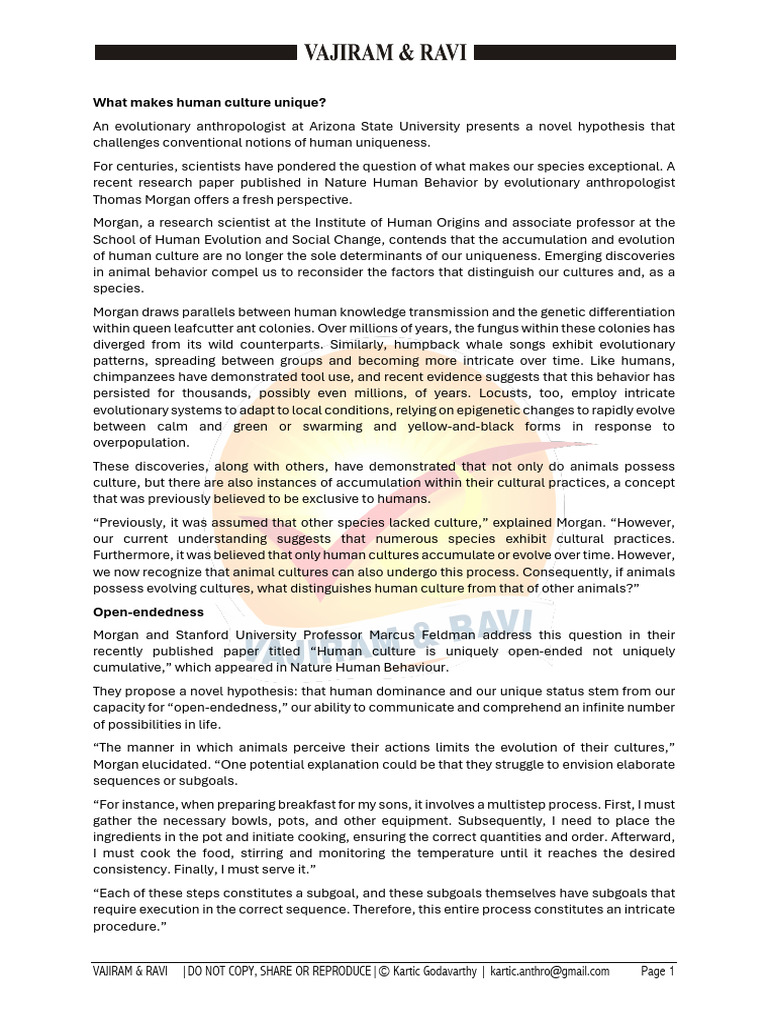 Uniqueness of Human Culture | PDF | Evolution | Human