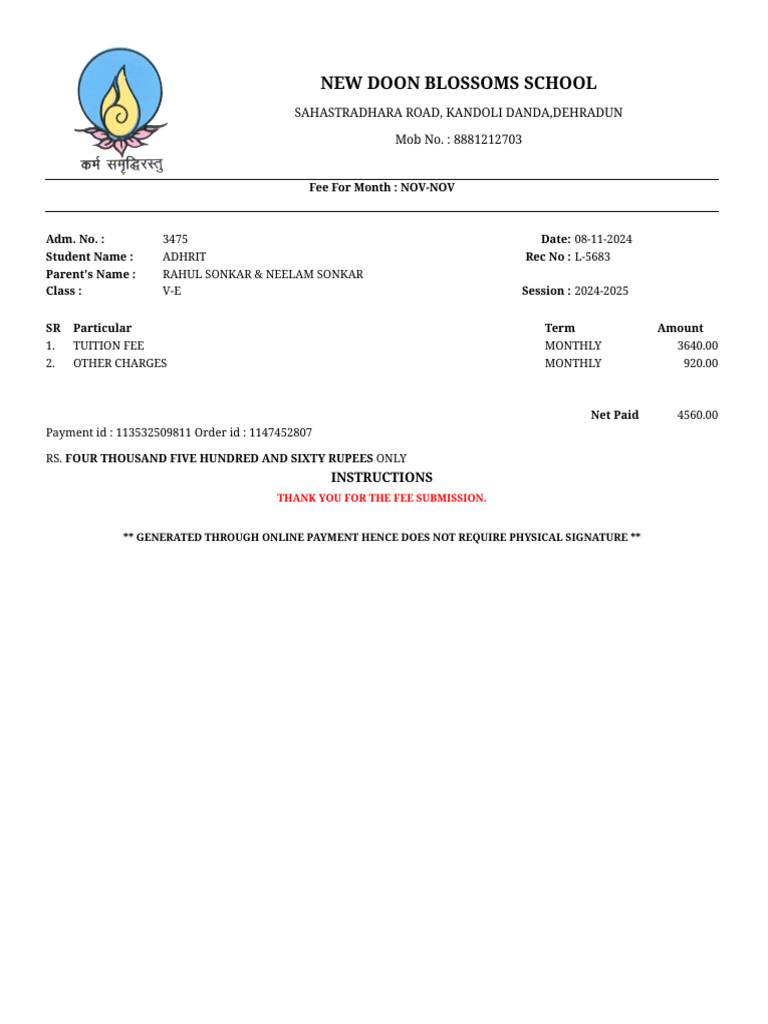 New Doon Blossoms School Fee Receipt | PDF