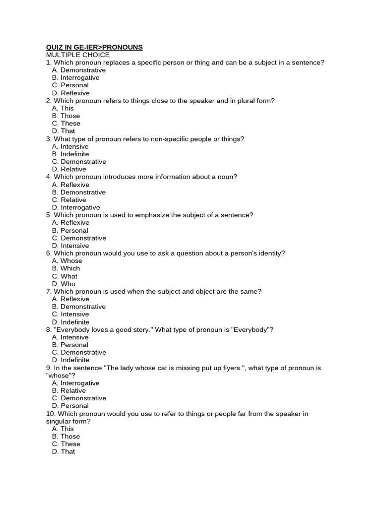 Quiz Pronouns | PDF