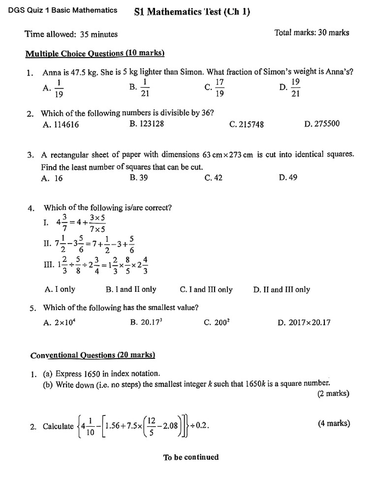 Basic Math Quiz: DGS Quiz 1 | PDF