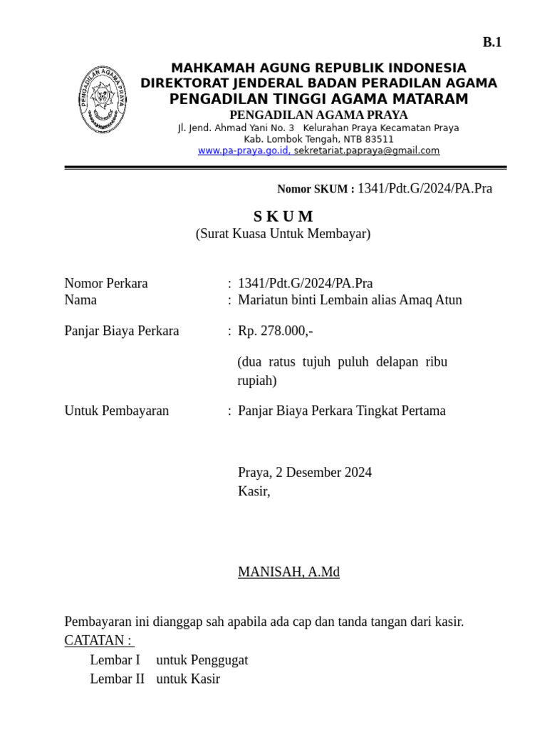 SKUM Pengadilan Agama Praya 2024 | PDF