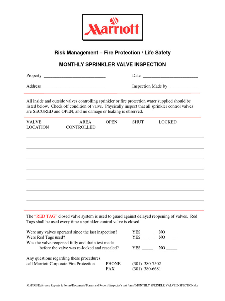Monthly Sprinkler Valve Inspection Form | PDF