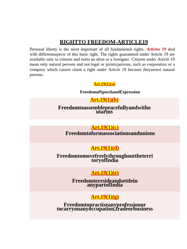 RIGHT TO FREEDOM- ARTICLE 19 OF THE CONSTITUTION[2408] | PDF | Rights ...