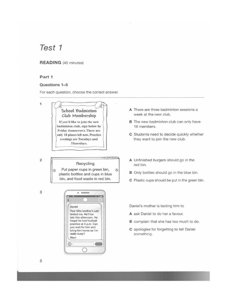 B1 Preliminary For Schools - Test 1 - Reading | PDF